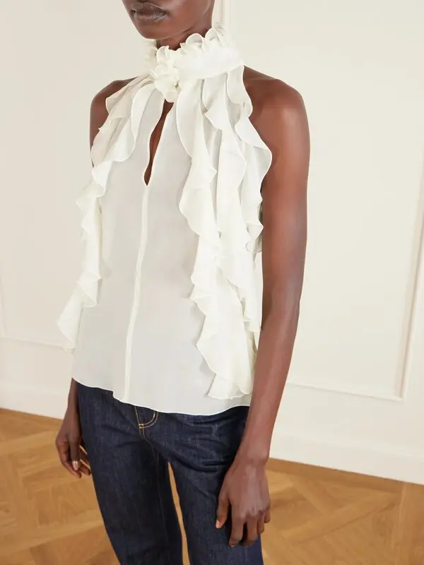 Alexander McQueen Ruffled Cutout Silk-georgette Top - Neutrals