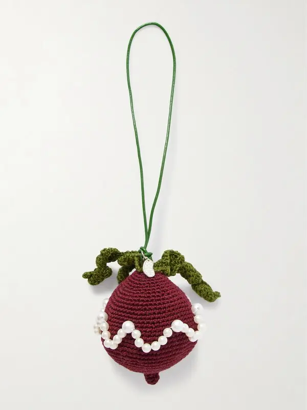 GOHAR WORLD Faux Pearl-embellished Crocheted Bag Charm - Burgundy