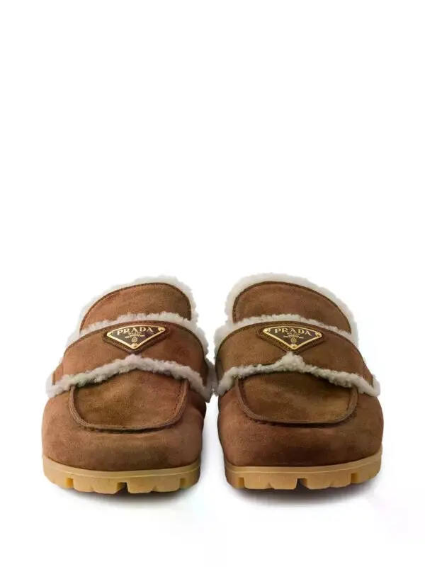 Prada Shearling Logo-plaque Mules - Brown