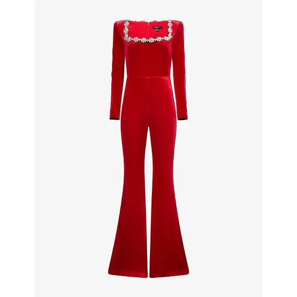 NADINE MERABI Jewel-embellished Velvet Jumpsuit - Red