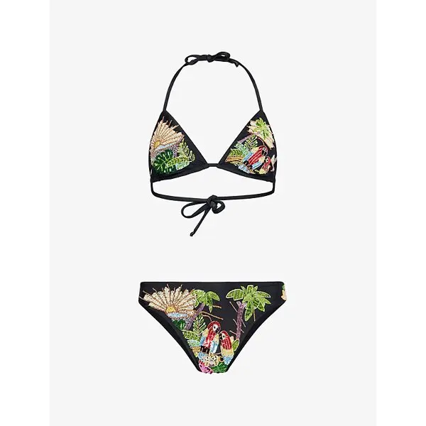 OCEANUS Embellished Tropical Bikini Set - Black