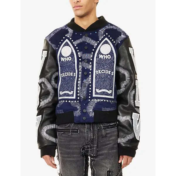 WHO DECIDES WAR Hardware Embellished Woven Varsity Jacket - Indigo