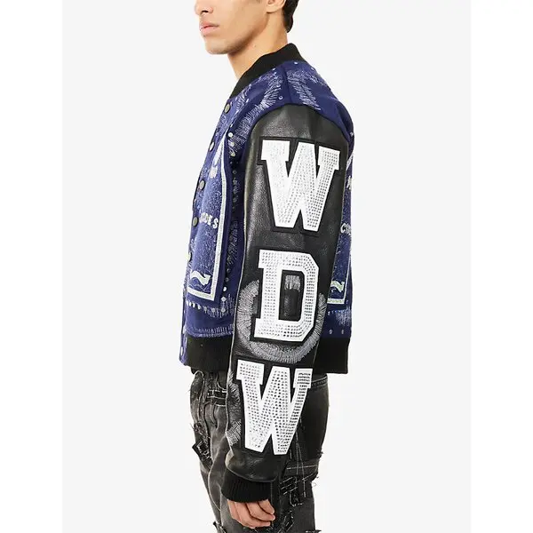 WHO DECIDES WAR Hardware Embellished Woven Varsity Jacket - Indigo