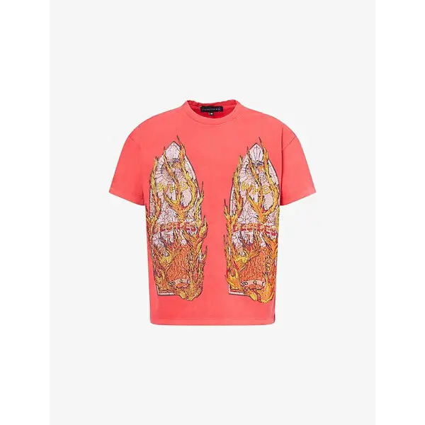 WHO DECIDES WAR Rhinestone Flame-print Short-sleeve Cotton T-shirt - Ruby