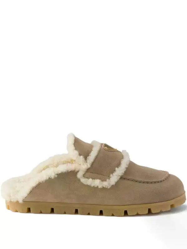 Prada Suede And Shearling Mules With Enameled Triangle Logo - Neutrals