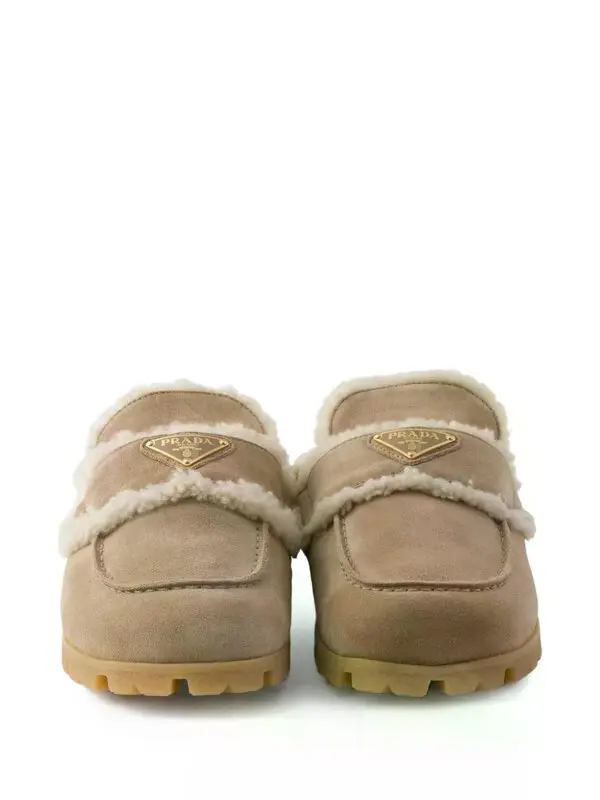 Prada Suede And Shearling Mules With Enameled Triangle Logo - Neutrals