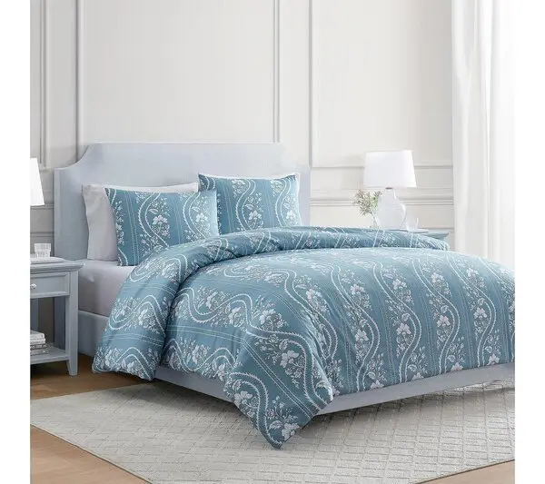 MARTHA STEWART Sophia Stripe Blue Cotton Twin C Omforter Set - One-color