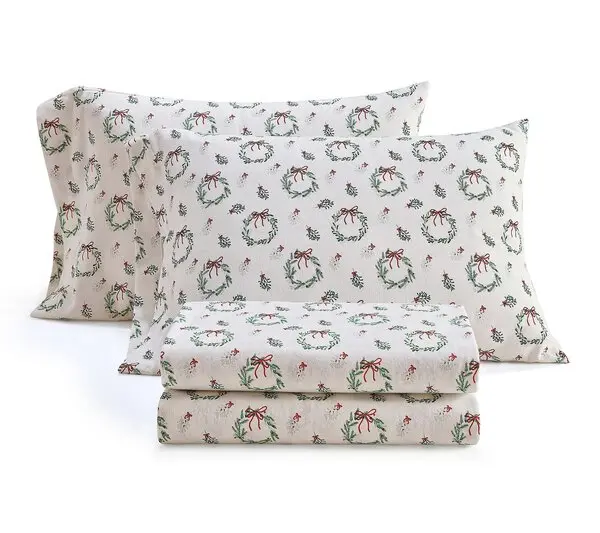 MARTHA STEWART Wreaths & Mistletoe Flannel King Sheet Set