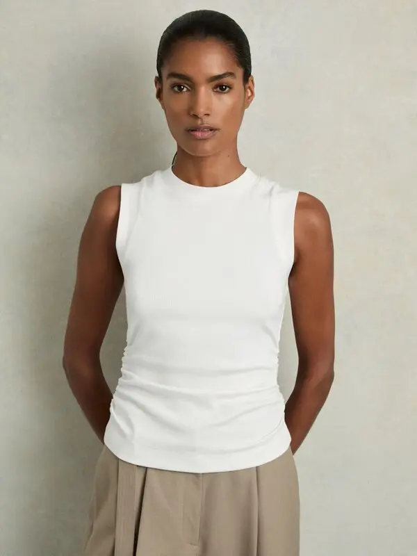 REISS Fine-rib Ruched Vest Top - White