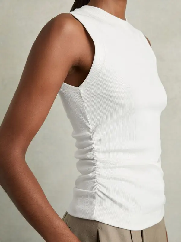 REISS Fine-rib Ruched Vest Top - White