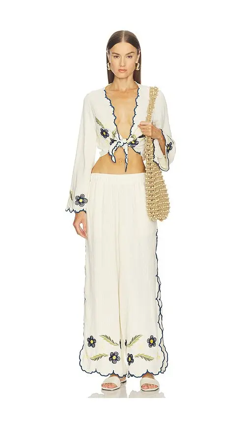 Agua Bendita Soleil Floral Embroidered Tie Shirt