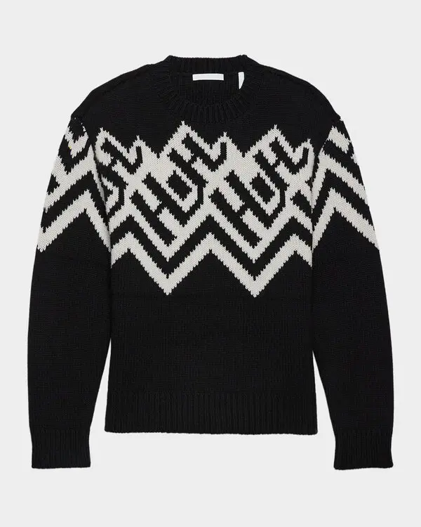 Helmut Lang Wool Knit Monogram Fair Isle Crewneck Sweater - Black/ivor