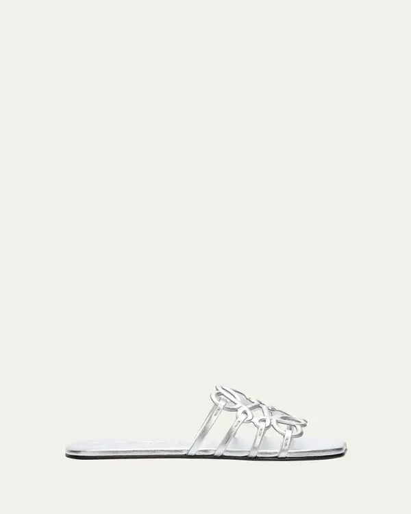 Loewe Petal Anagram Metallic Leather Slide Sandals - Silver
