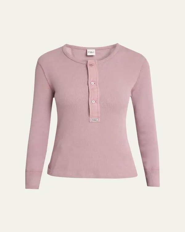 Chloé Flatlock Ribbed Jersey Henley Shirt - Blush