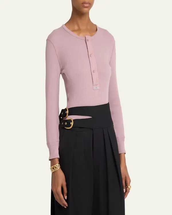 Chloé Flatlock Ribbed Jersey Henley Shirt - Blush