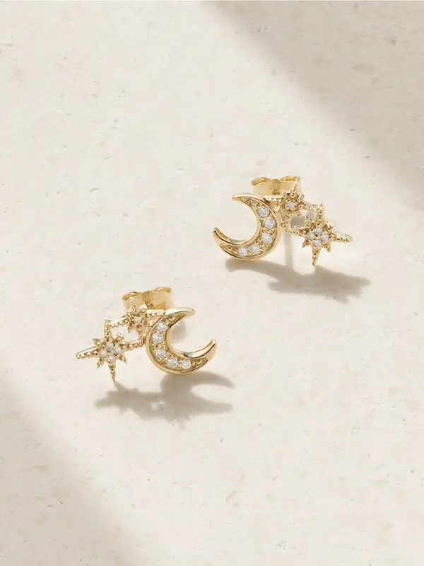 SYDNEY EVAN Moon And Star Diamond Stud Earrings - Gold