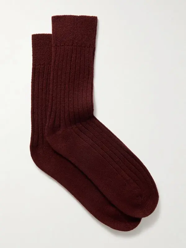 THE ELDER STATESMAN Ribbed Cashmere Socks - Burgundy