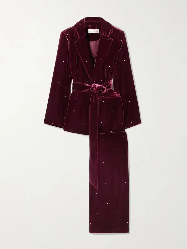 Olivia Von Halle Jagger Crystal-embellished Velvet Pajama Set - Burgundy