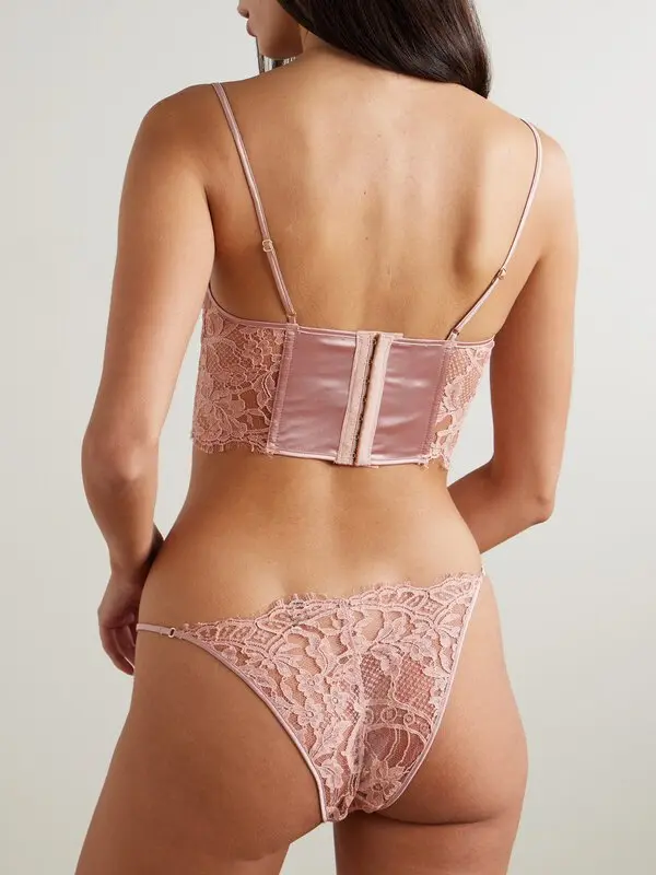 Kiki De Montparnasse Camille Stretch-silk Satin-trimmed Organic Cotton-blend Lace Briefs - Pink