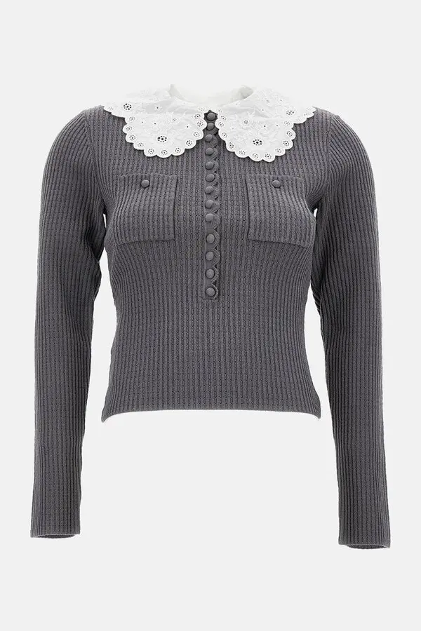 SELF-PORTRAIT Knit Top With Wide Collar - Grey