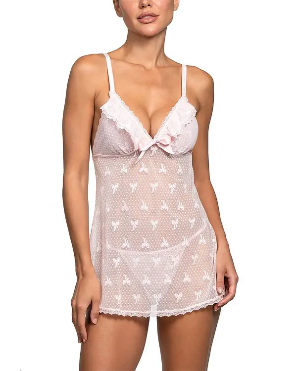 IN BLOOM BY JONQUIL Stretch Mesh Bow Pattern Babydoll & Thong - Powder Pink