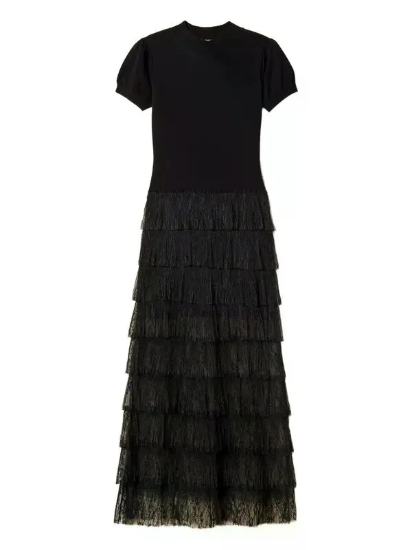 TWINSET Long Knit Dress With Tiered Plumetis Lace Skirt