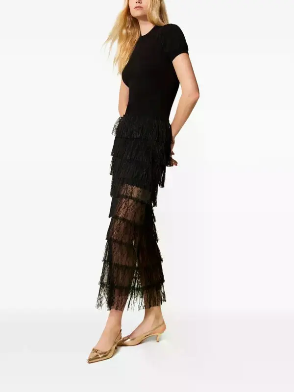 TWINSET Long Knit Dress With Tiered Plumetis Lace Skirt