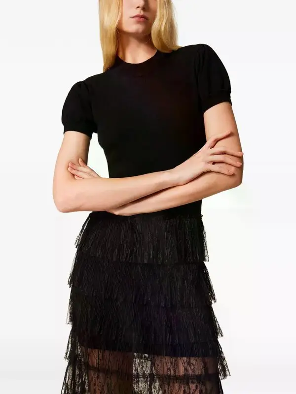 TWINSET Long Knit Dress With Tiered Plumetis Lace Skirt