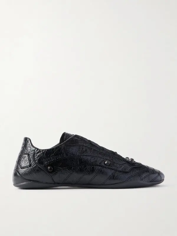 Balenciaga City Studded Crinkled-leather Sneakers - Black