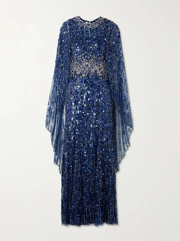 Jenny Packham Cape-effect Embellished Tulle Gown