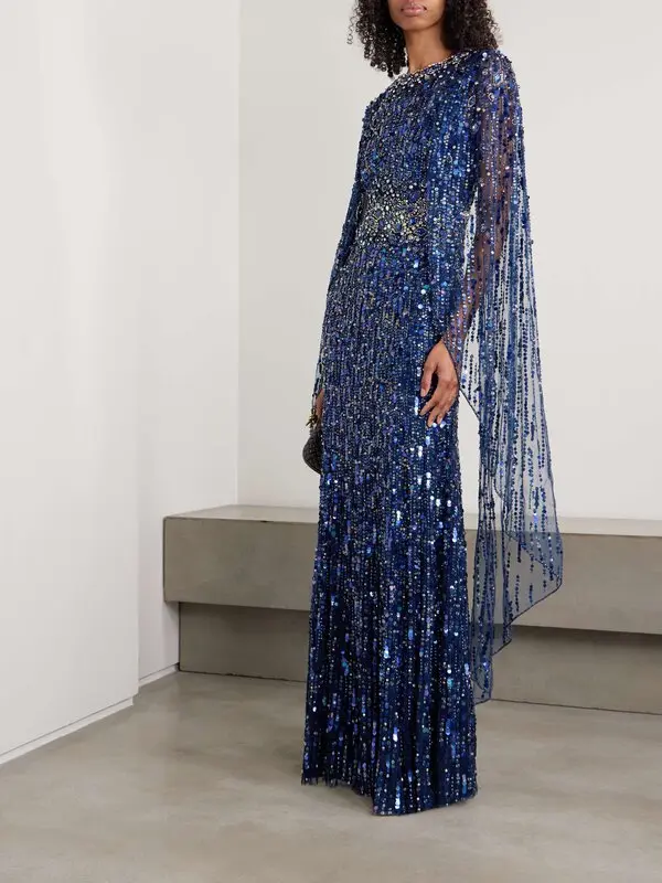 Jenny Packham Cape-effect Embellished Tulle Gown