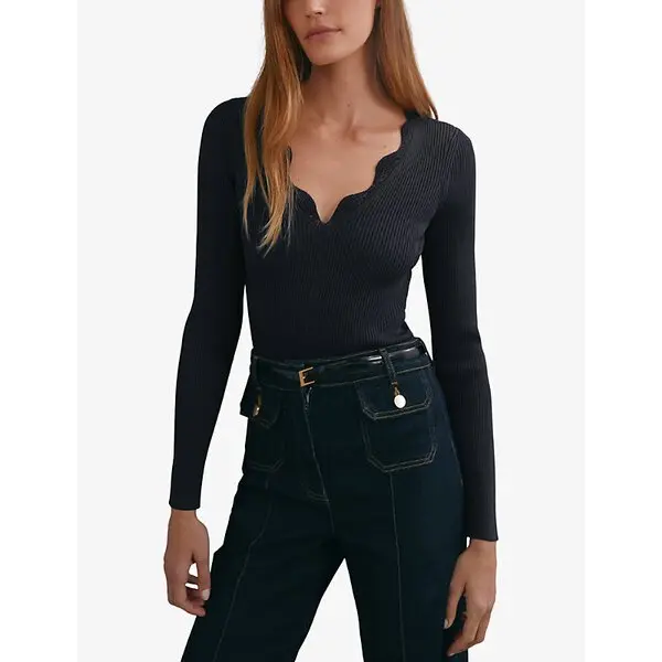 REISS Knitted Top With Crochet Trim - Navy