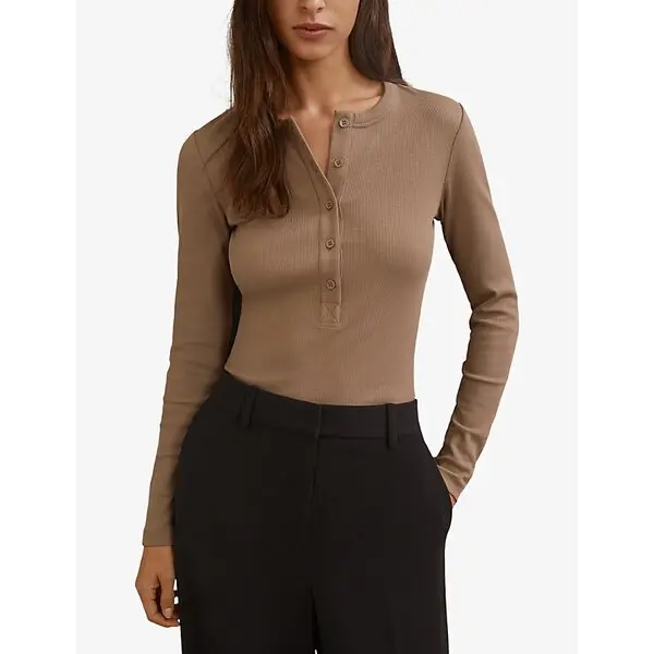 REISS Rina Half-button Stretch-cotton Top - Chocolate Brown