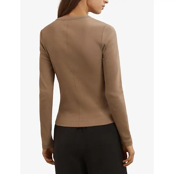 REISS Rina Half-button Stretch-cotton Top - Chocolate Brown