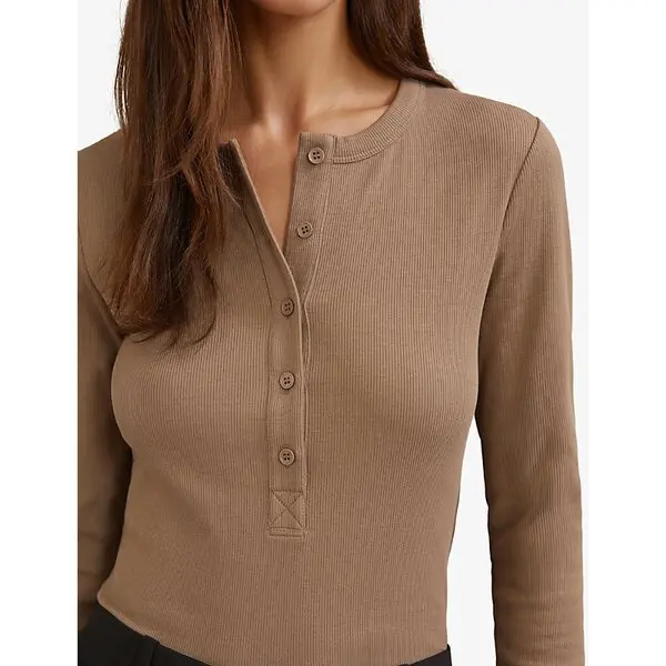 REISS Rina Half-button Stretch-cotton Top - Chocolate Brown