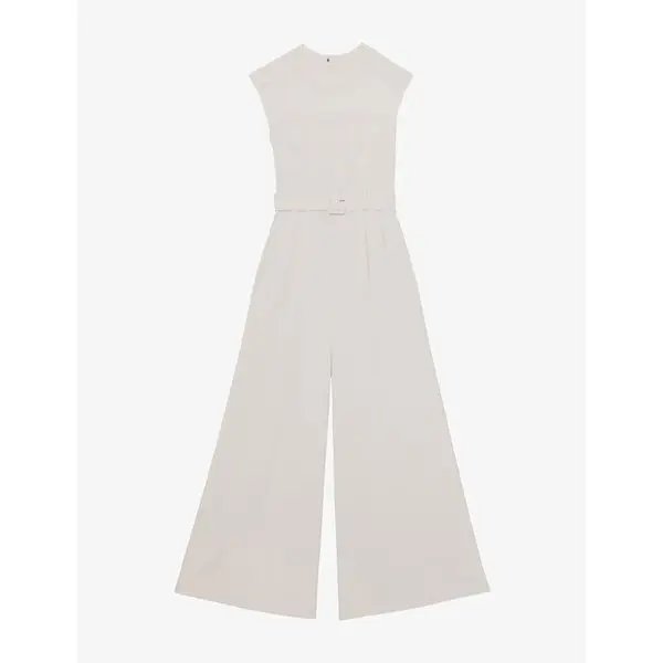 REISS Belted-waist Stretch-woven Jumpsuit - Ivory