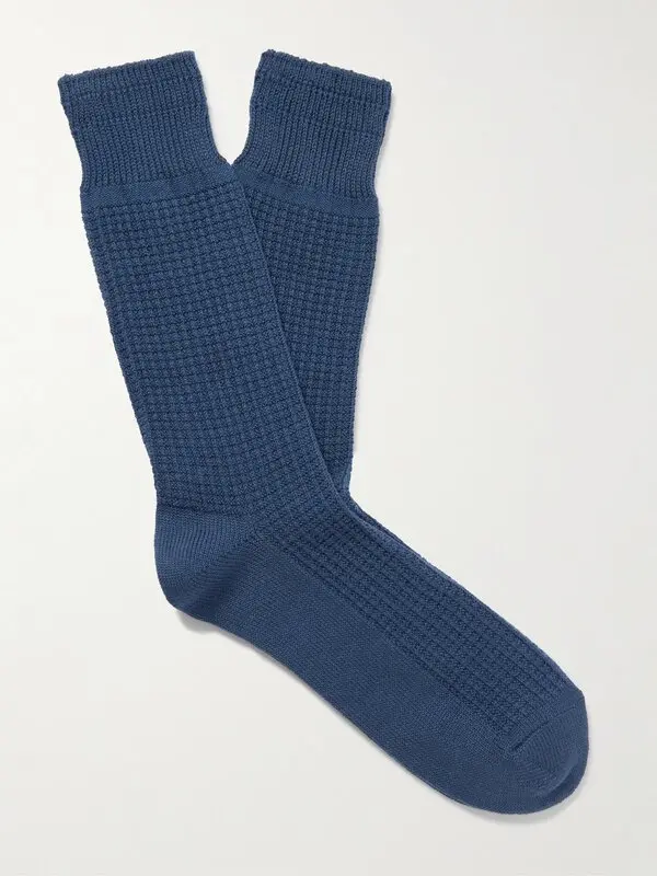 Mr P. Waffle-knit Cotton-blend Socks - Blue
