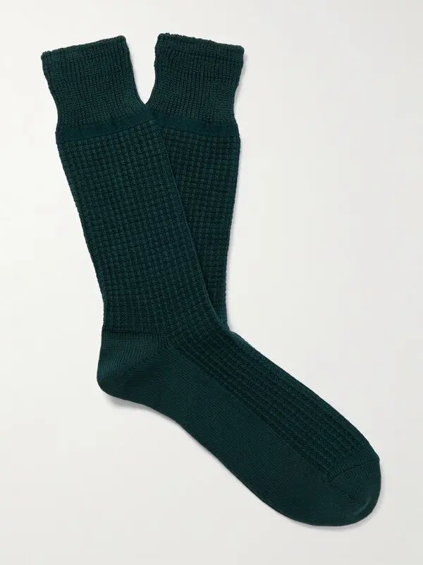 Mr P. Waffle-knit Cotton-blend Socks - Green