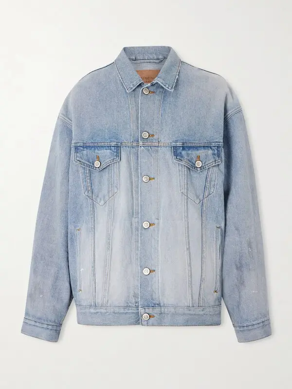 Balenciaga Oversized Distressed Printed Denim Jacket - Blue