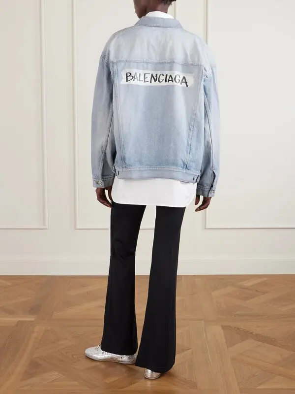 Balenciaga Oversized Distressed Printed Denim Jacket - Blue
