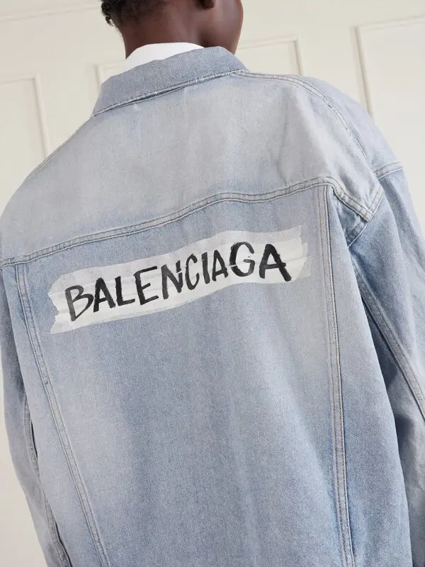 Balenciaga Oversized Distressed Printed Denim Jacket - Blue