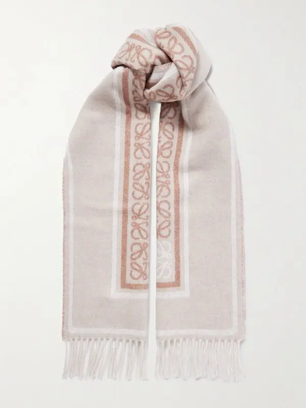 Loewe Fringed Wool And Cashmere-blend Jacquard Scarf - Neutrals