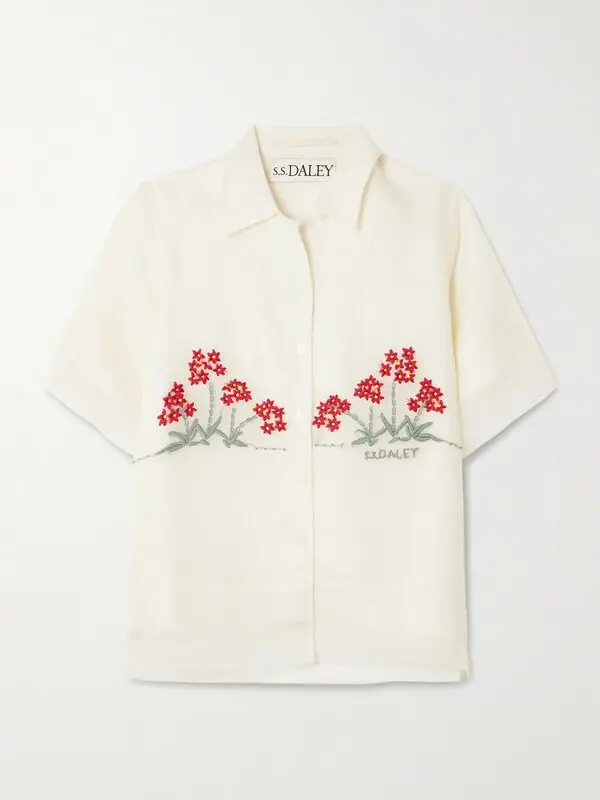 S.S.DALEY Cecilia Embroidered Silk And Linen Shirt - Neutrals