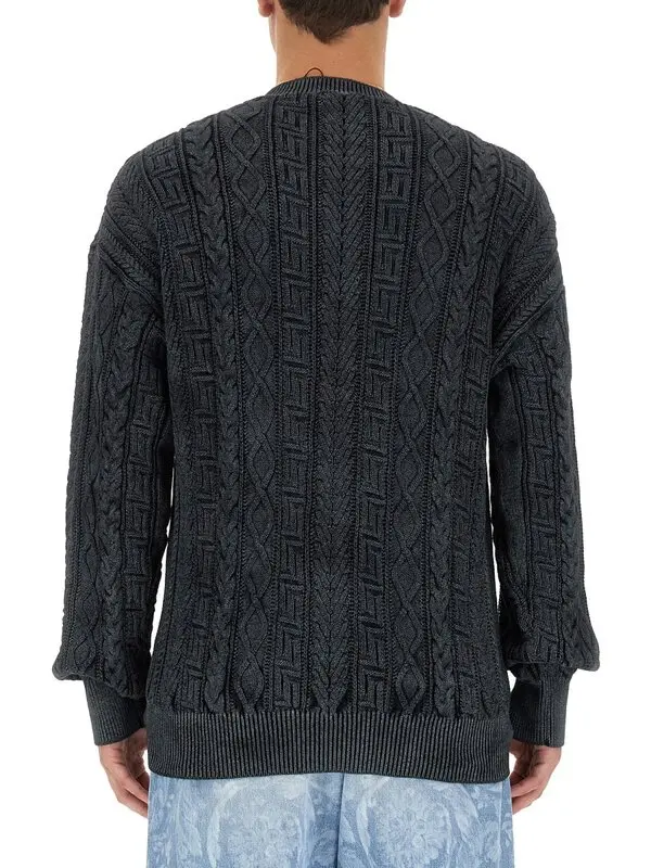 Versace Slim-fit Cotton Knit With Greek Braid Work