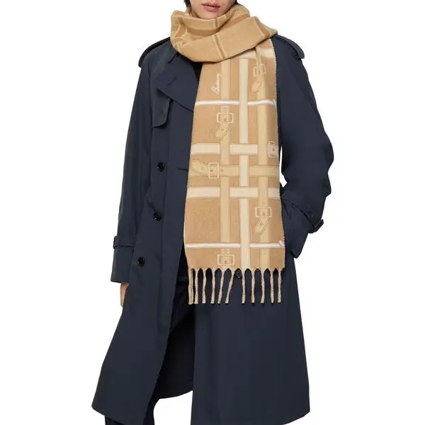 Burberry Belt Jacquard Cashmere Fringe Scarf - Sand
