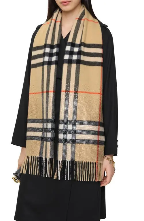 Burberry Crystal Embellished Check Cashmere Fringe Scarf - Sand