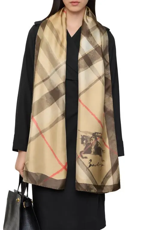 Burberry Watercolor Check Ekd Silk Twill Oblong Scarf - Sand