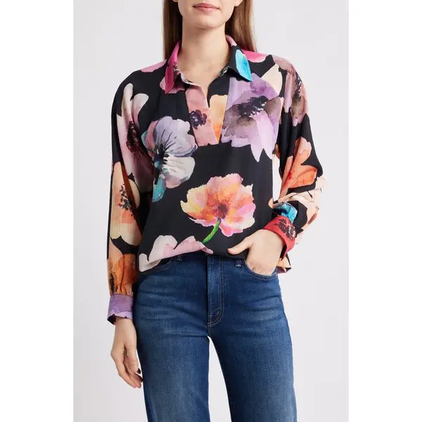 APNY Print Split Neck Blouse - Bright Pink