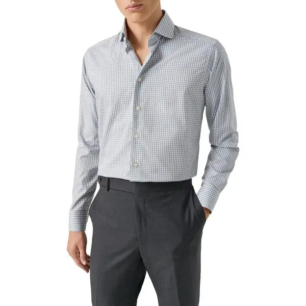 Eton Contemporary Fit Mélange Check Dress Shirt - Medium Blue