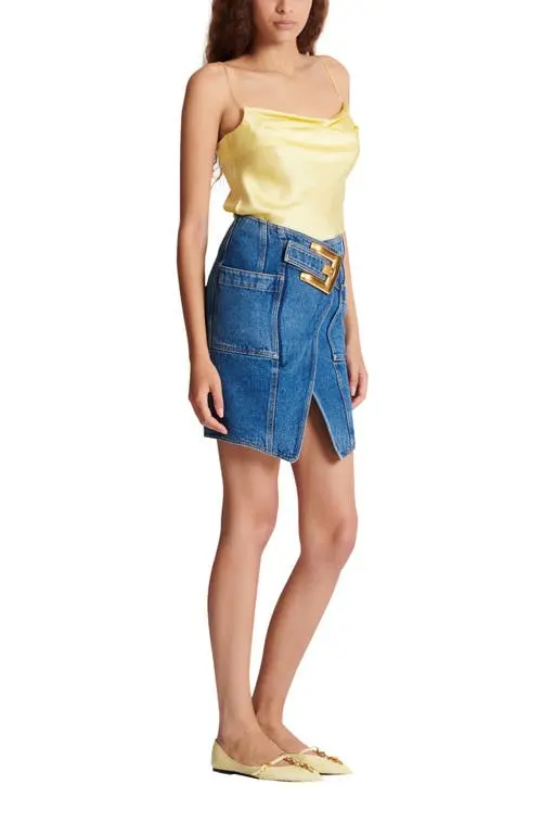 Balmain Denim Skirt With Anthem Buckle Belt - Blue